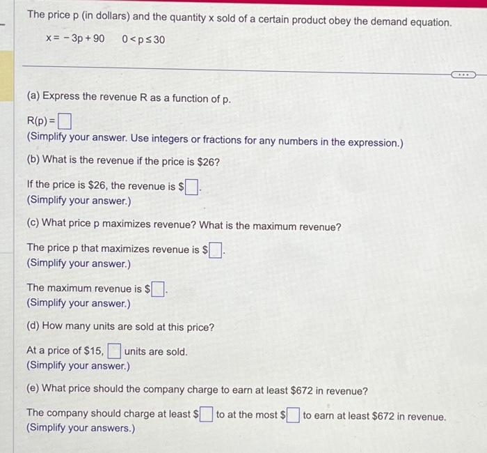 Solved The price p (in dollars) and the quantity x sold of a | Chegg.com