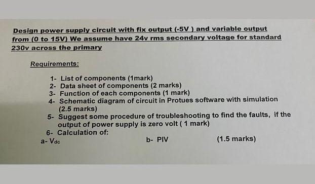 Solved Design power supply circuit with fix output (−5 V) | Chegg.com