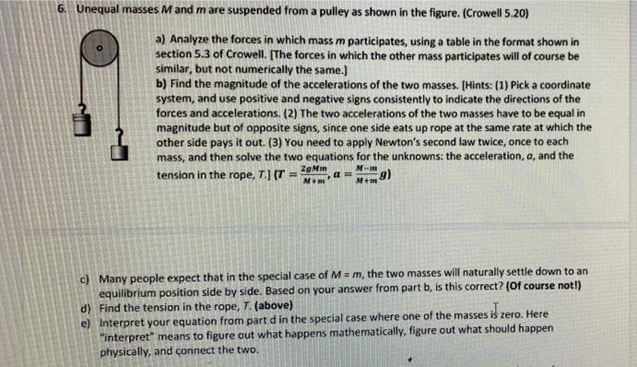 Solved 6. Unequal masses M and mare suspended from a pulley | Chegg.com