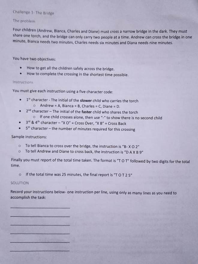 Solved Challenge 1- The Bridge The problem Four children | Chegg.com