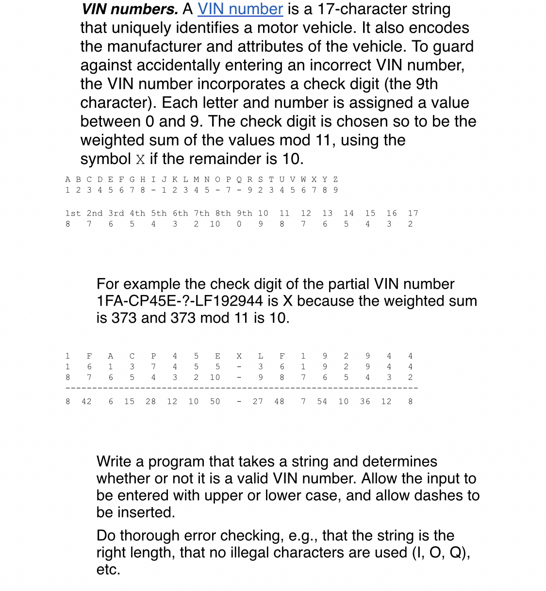 Solved VIN numbers. A VIN number is a 17-character string | Chegg.com