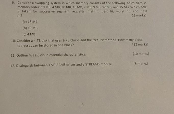 Solved 9. Consider a swapping system in which memory | Chegg.com