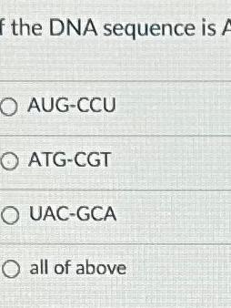 Solved the DNA sequence is AUG-CCU ATG-CGT UAC-GCA all of | Chegg.com