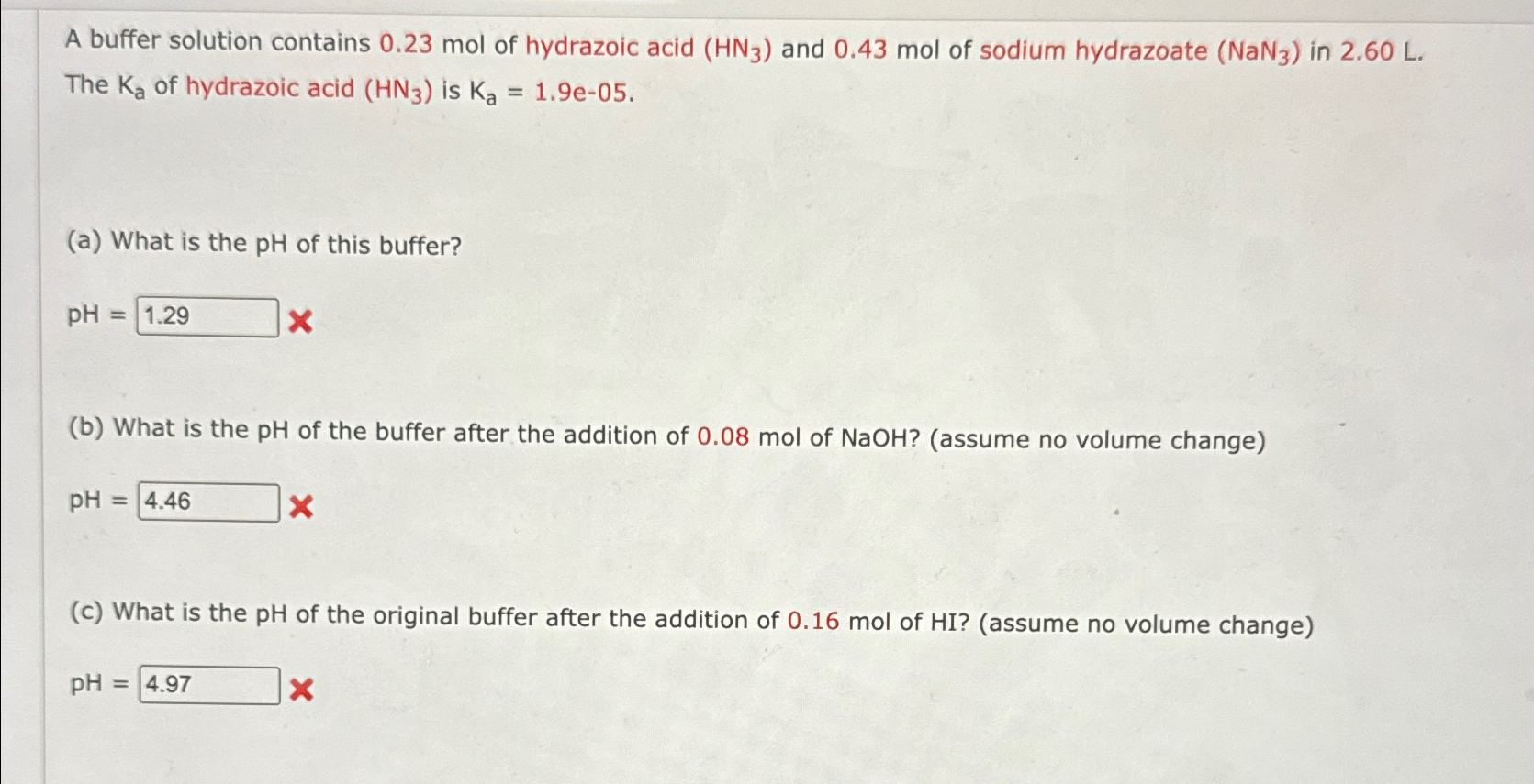 Solved A buffer solution contains 0.23mol of hydrazoic acid | Chegg.com