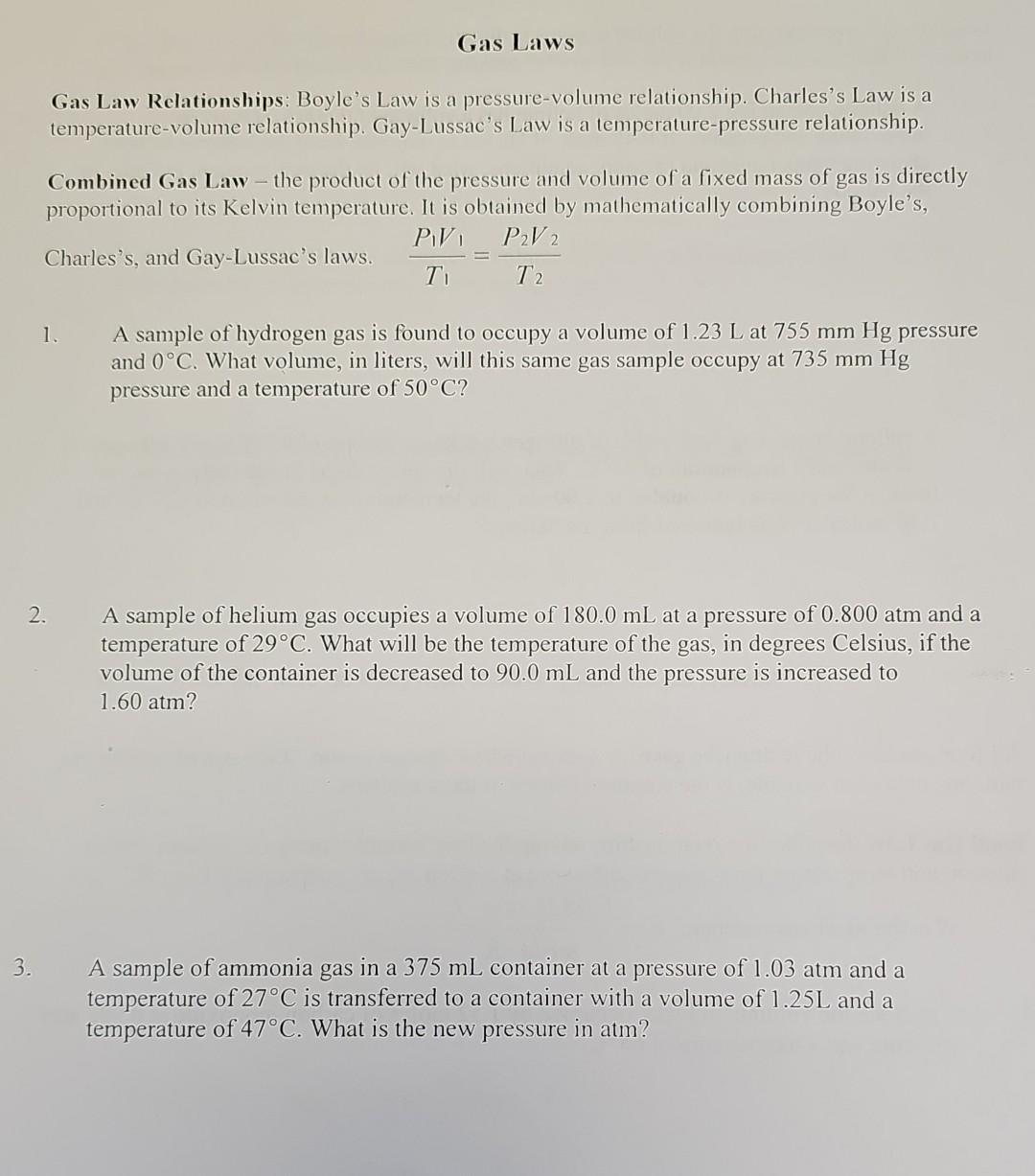 Solved Gas Law Relationships: Boyle's Law is a | Chegg.com