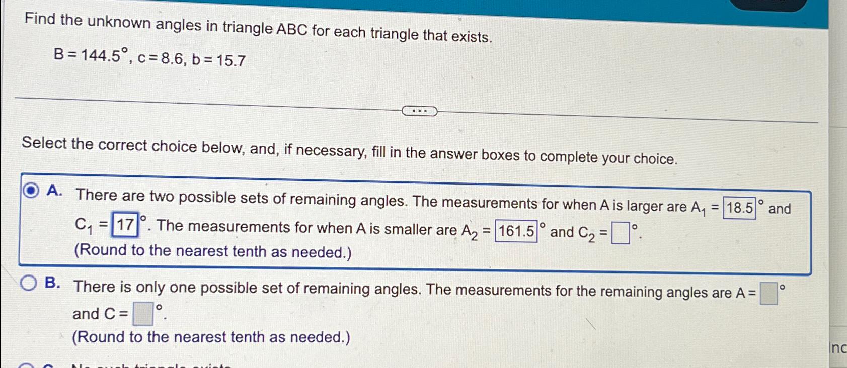 Solved Find the unknown angles in triangle ABC for each | Chegg.com