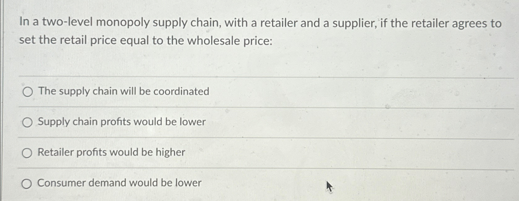 Solved In a two-level monopoly supply chain, with a retailer | Chegg.com