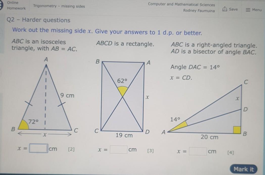 Solved Online Homework Trigonometry - missing sides Computer | Chegg.com