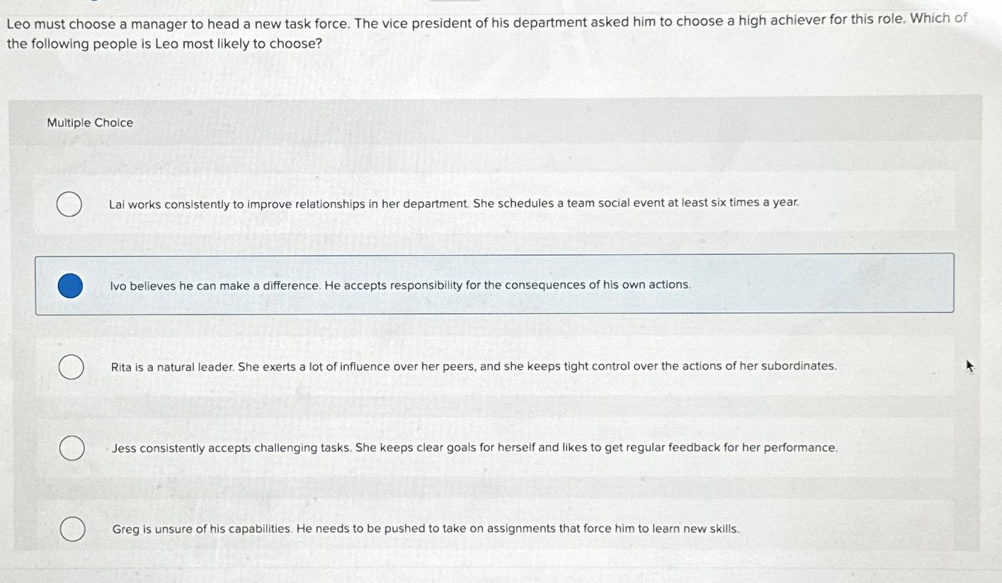 Solved Leo must choose a manager to head a new task force. | Chegg.com