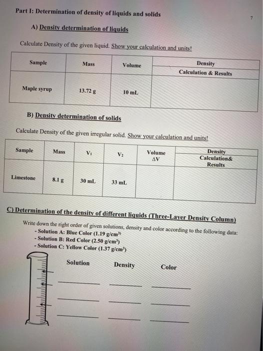 Solved Part I: Determination of density of liquids and | Chegg.com