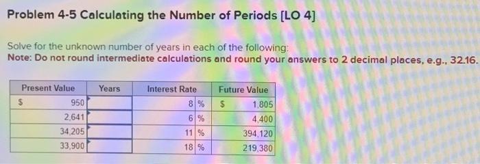 Solved Problem 4-5 Calculating the Number of Periods [LO 4] | Chegg.com