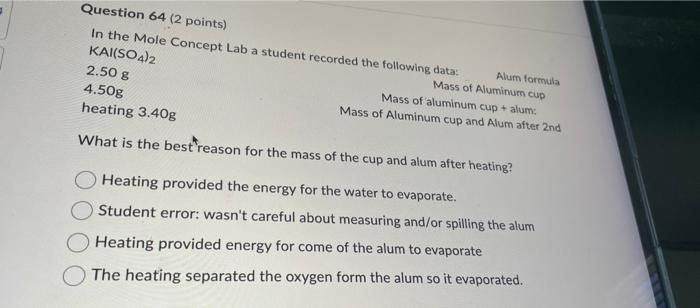 Solved Question 64 ( 2 points) In the Mole Concept Lab a | Chegg.com