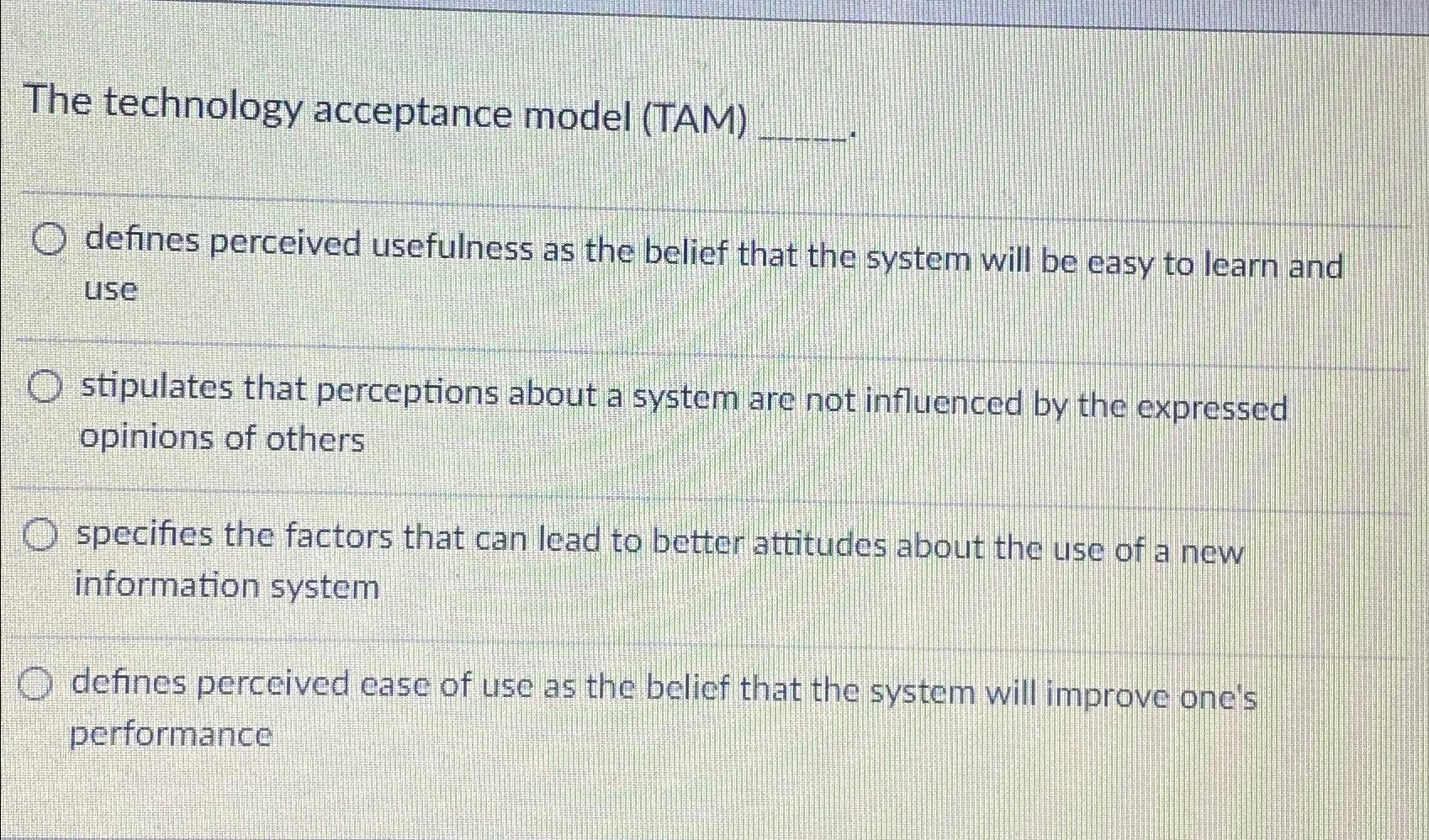 Solved The technology acceptance model (TAM)defines | Chegg.com