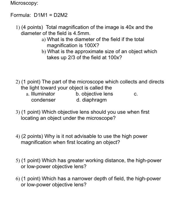 Solved Microscopy: Formula: D1M1=D2M2 1) (4 points) Total | Chegg.com