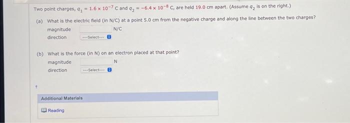 Solved Two point charges, q1=1.6×10−7C and q2=−6.4×10−8C, | Chegg.com