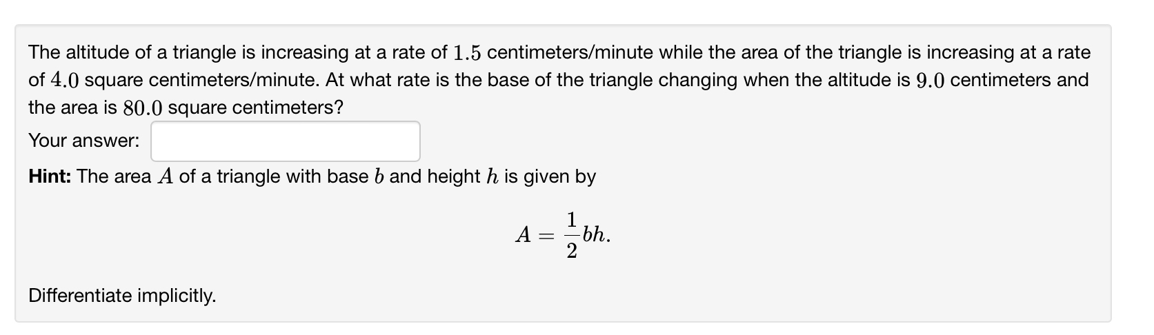 Solved The altitude of a triangle is increasing at a rate of | Chegg.com