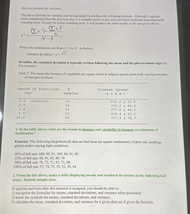 Solved Shorfat formula for variance: The above formula for | Chegg.com