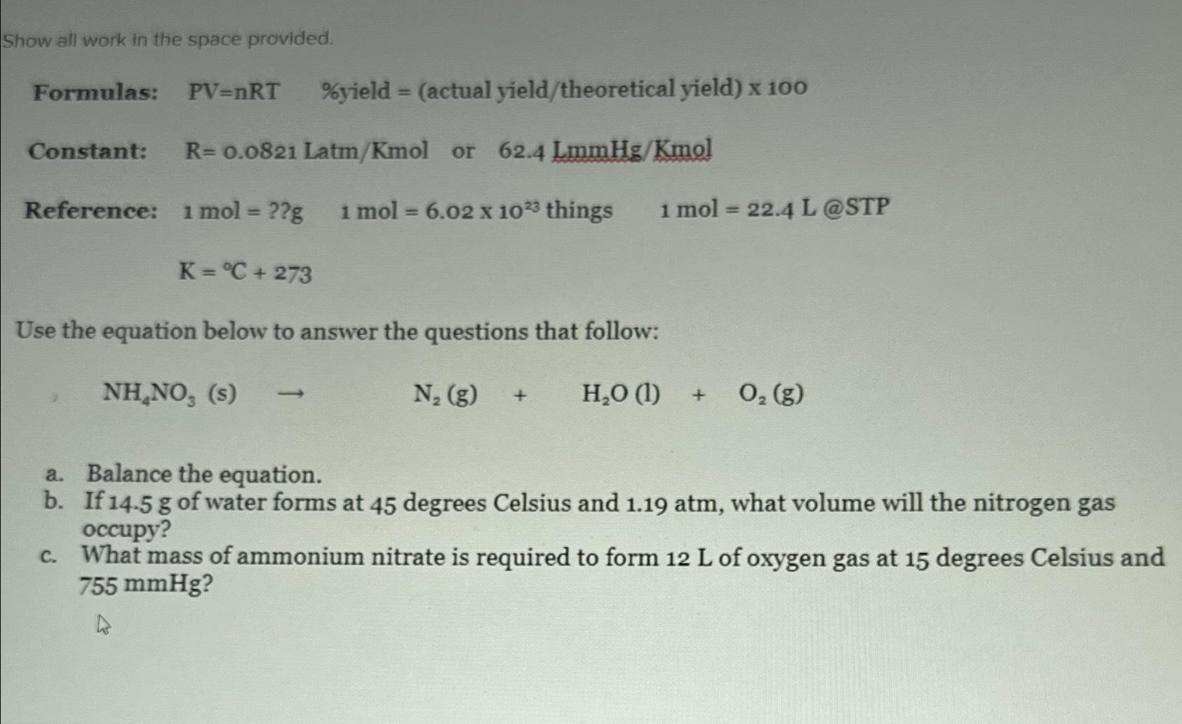 Solved Show all work in the space provided.Formulas: | Chegg.com