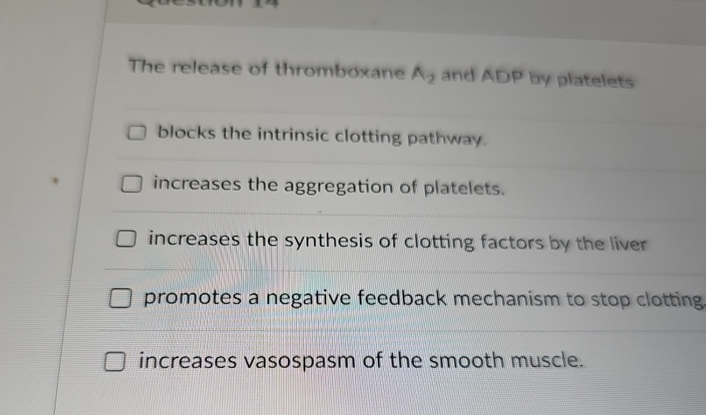 Solved The release of thromboxane A2 ﻿and ADP by | Chegg.com