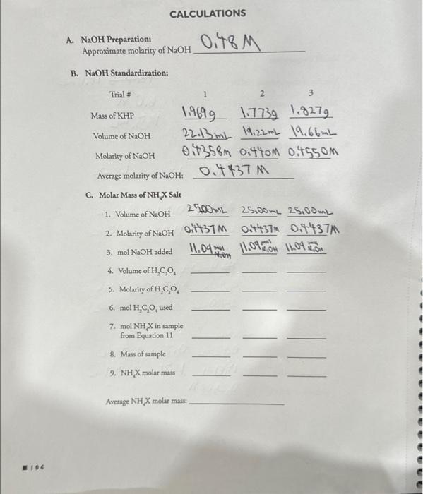 DATA A. NaOH Preparation Volume of concentrated NaOH | Chegg.com