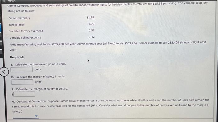 Solved BOOK Comer Company produces and sells strings of | Chegg.com