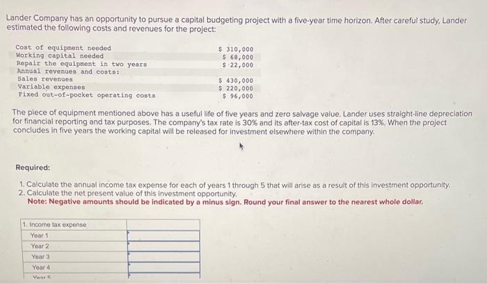 Solved Lander Company has an opportunity to pursue a capital | Chegg.com