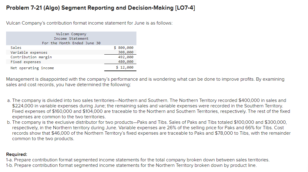 Solved Exercise 7-17 (Algo) ﻿Working with a Segmented Income | Chegg.com