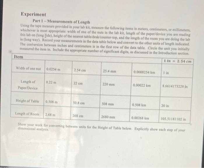 Solved Experiment Part 1-Measurements of Length Using the | Chegg.com