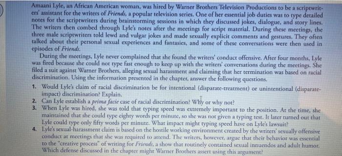Solved Amaani Lyle, an African American woman, was hired by | Chegg.com