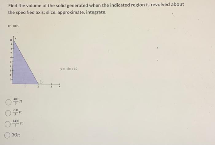 Solved Find the volume of the solid generated when the | Chegg.com