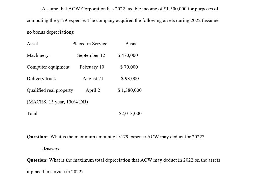 Assume that ACW Corporation has 2022 ﻿taxable income | Chegg.com