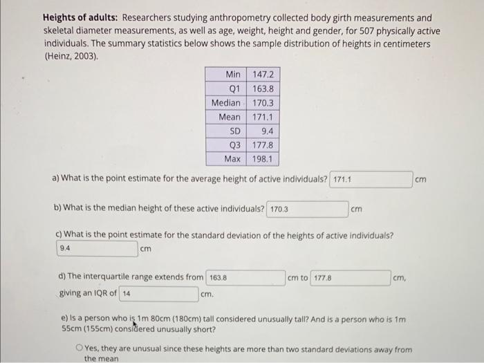 Solved Heights of adults: Researchers studying anthropometry | Chegg.com