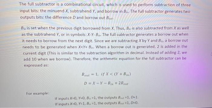 Solved The full subtractor is a combinational circuit, which | Chegg.com