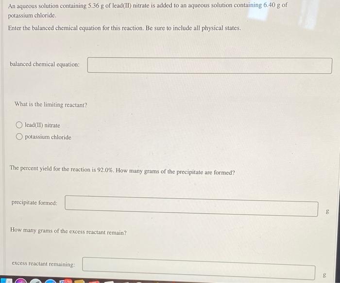 Solved An aqueous solution containing 5.36 g of lead(II) | Chegg.com