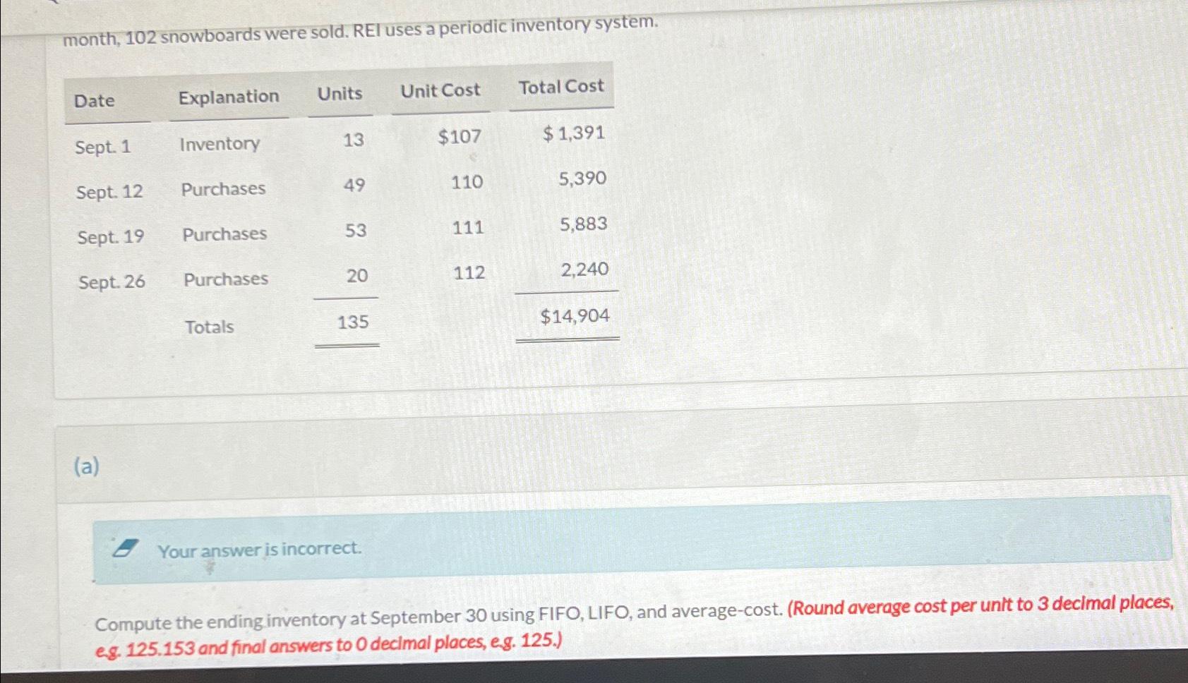 Solved month, 102 ﻿snowboards were sold. REI uses a periodic | Chegg.com