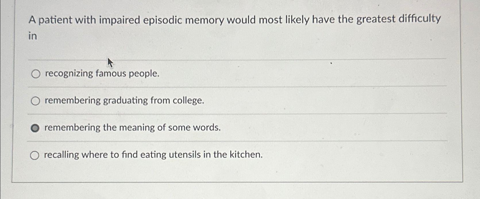 Solved A patient with impaired episodic memory would most | Chegg.com
