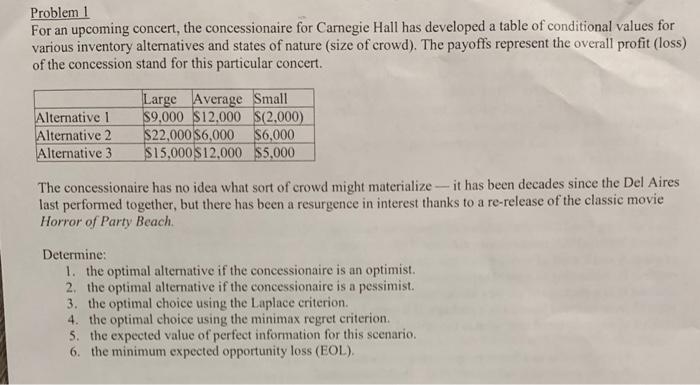 Solved Problem 1 For an upcoming concert, the concessionaire | Chegg.com