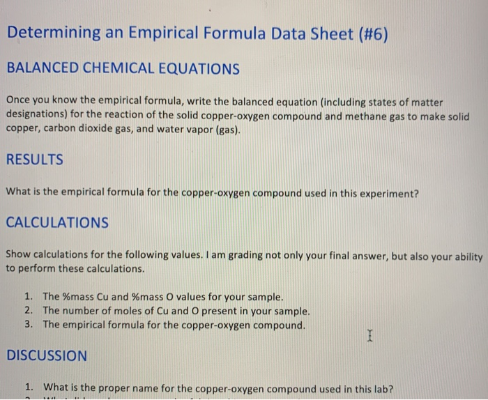 Solved Determining an Empirical Formula Data Sheet (#6) | Chegg.com