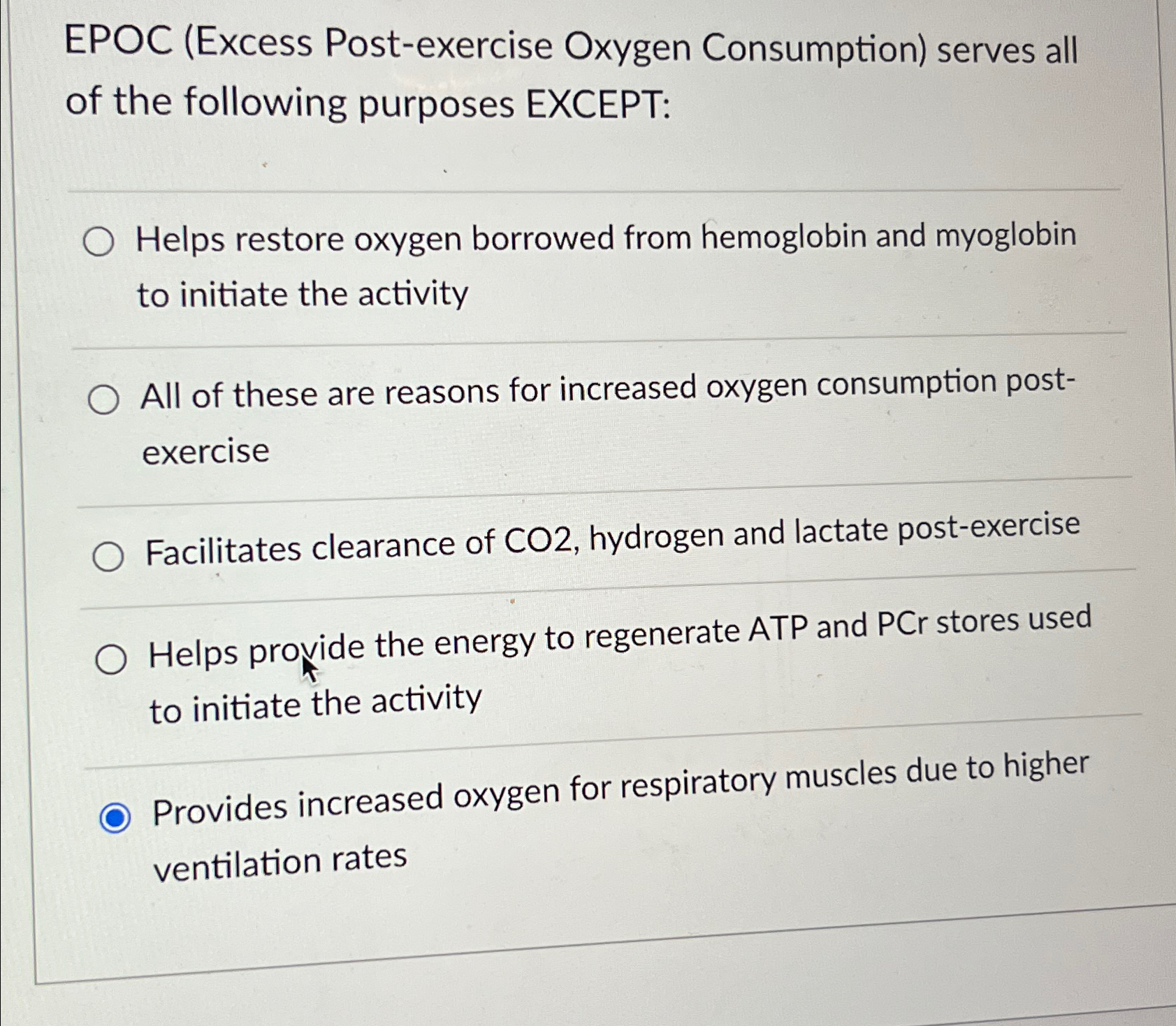 Solved EPOC (Excess Post-exercise Oxygen Consumption) | Chegg.com