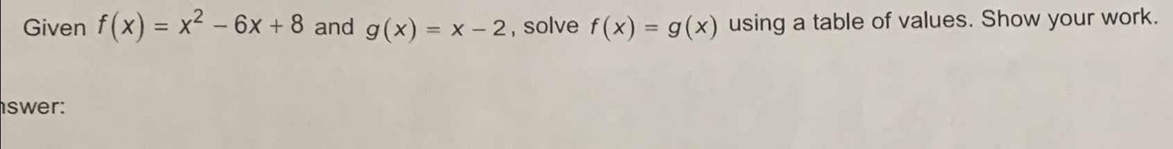 Solved Given f(x)=x2-6x+8 ﻿and g(x)=x-2, ﻿solve f(x)=g(x) | Chegg.com