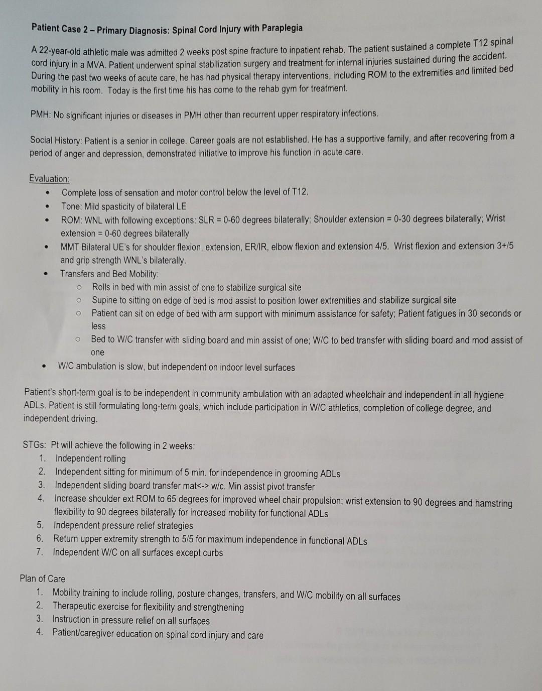 Solved Patient Case 2 - Primary Diagnosis: Spinal Cord | Chegg.com
