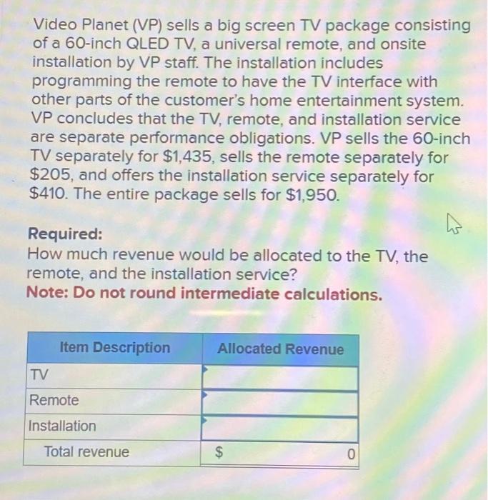 Solved Video Planet (VP) sells a big screen TV package | Chegg.com
