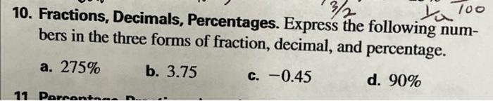 Solved to Too 3/2 10. Fractions, Decimals, Percentages. | Chegg.com