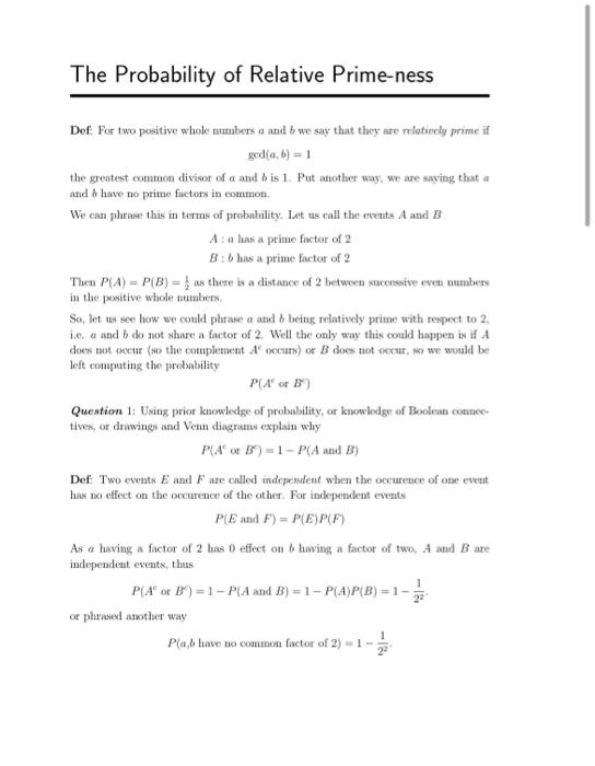 Solved The Probability of Relative Prime-ness Def. For two | Chegg.com