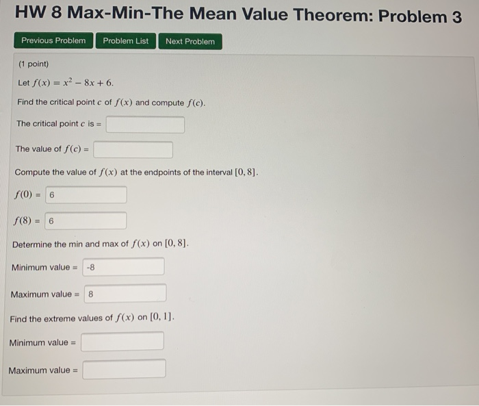 Solved HW 8 Max-Min-The Mean Value Theorem: Problem 3 | Chegg.com