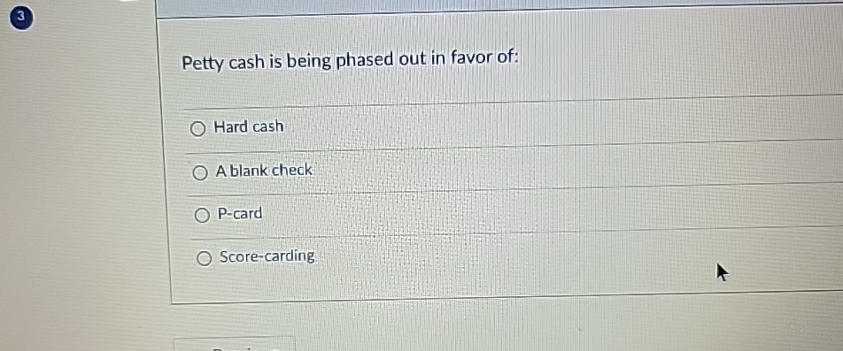 Solved Petty cash is being phased out in favor of:Hard cashA | Chegg.com
