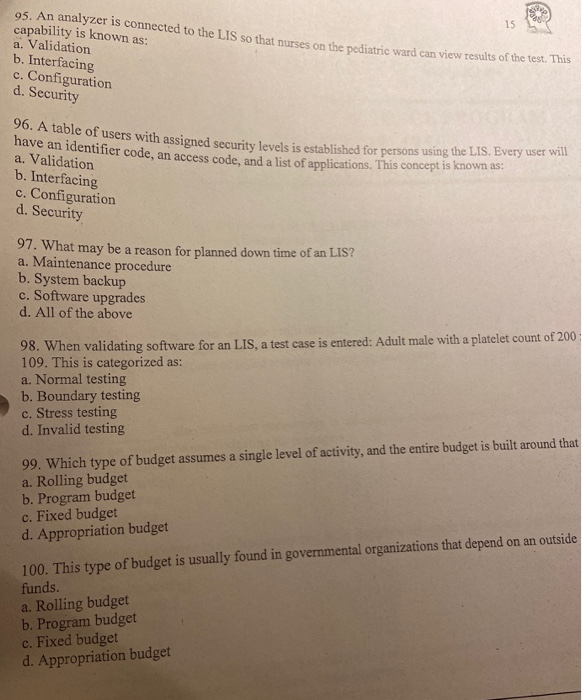 Solved 15 95. An analyzer is connected to the LIS so that | Chegg.com