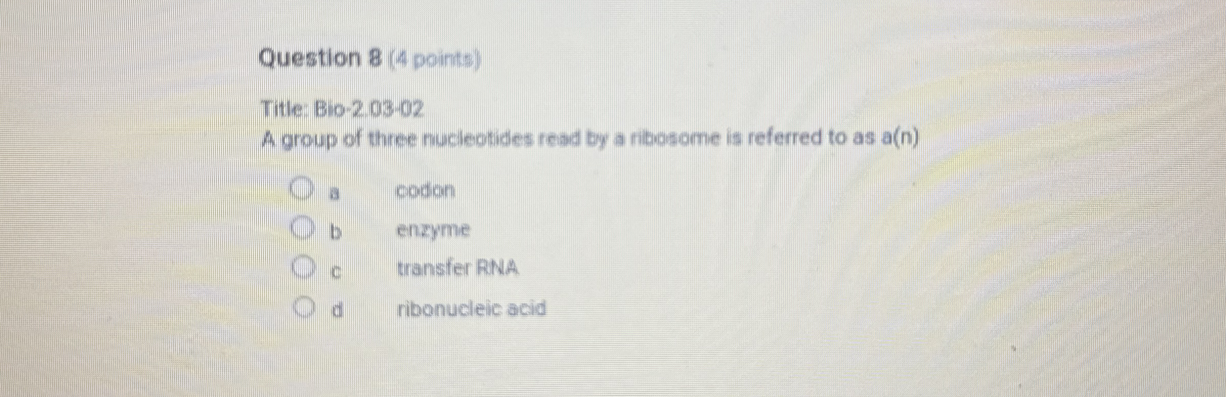 Solved Question 8 (4 ﻿points)Titte: Bio 203-02A group of | Chegg.com