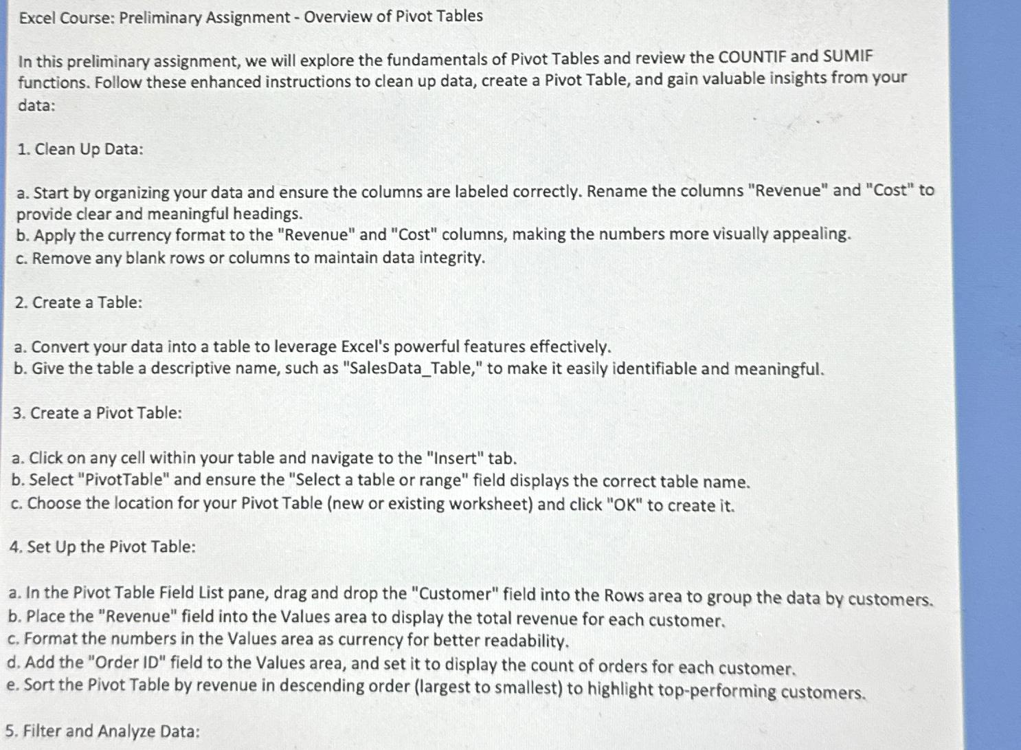 Solved Excel Course: Preliminary Assignment - ﻿Overview of | Chegg.com