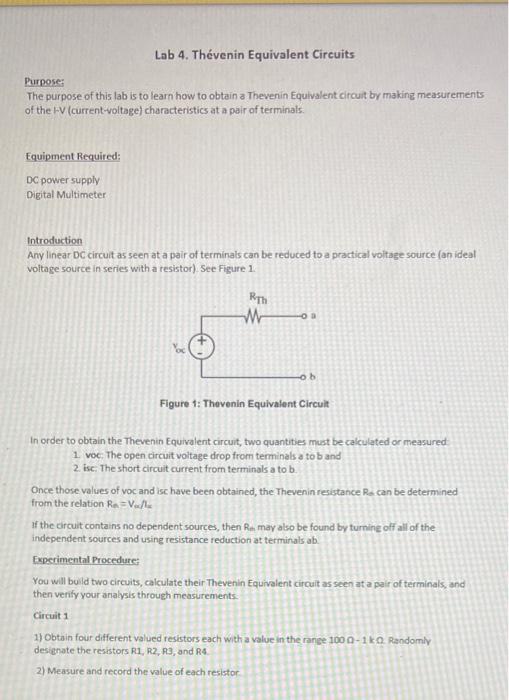 Lab 4. Thevenin Equivalent Circuits Birpore par work | Chegg.com